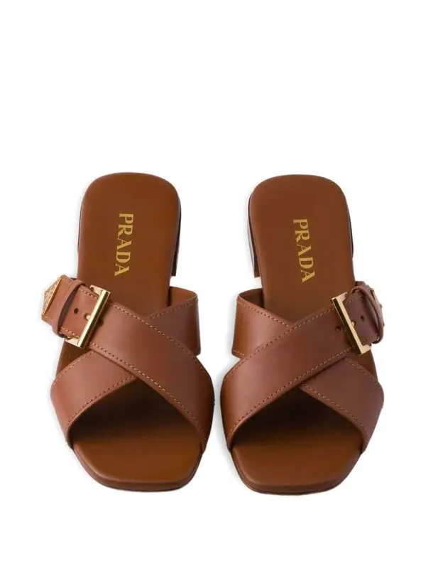 Prada Leather Crisscross Slides With Buckle - Brown