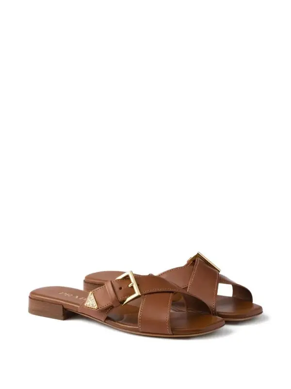 Prada Leather Crisscross Slides With Buckle - Brown