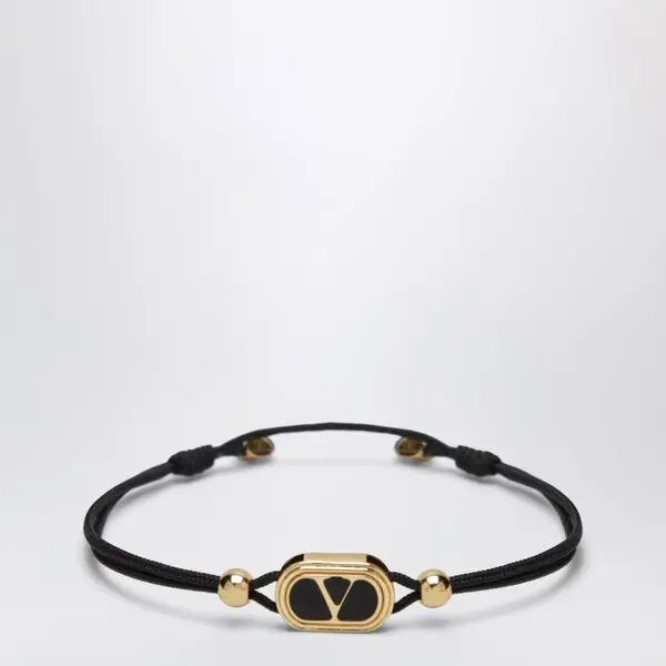 Valentino Garavani Cord Bracelet With Enamelled Gold V Logo - Black