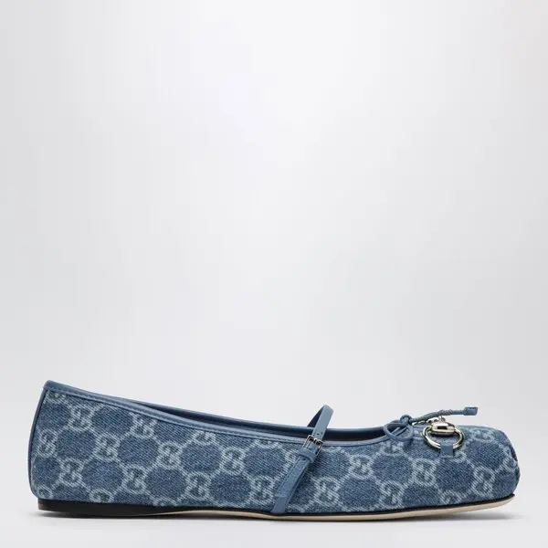 Gucci Gg Denim Ballet Flats With Horsebit Detail - Blue