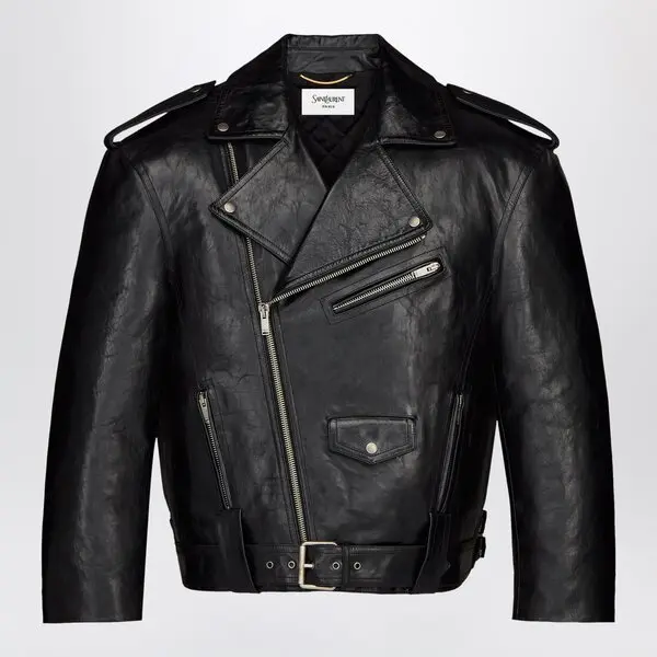 Saint Laurent Pebbled Leather Biker Jacket - Black