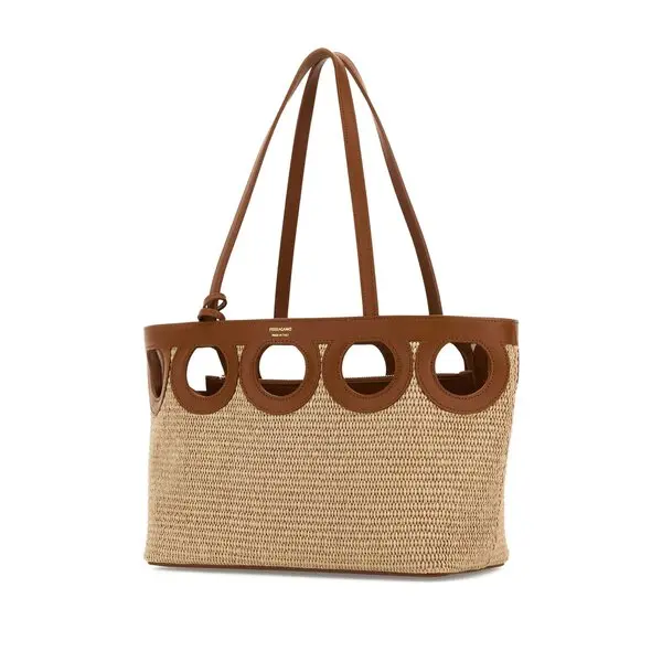 FERRAGAMO Raffia Tote Bag With Leather Trim And Cut-outs - Brown