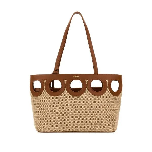 FERRAGAMO Raffia Tote Bag With Leather Trim And Cut-outs - Brown