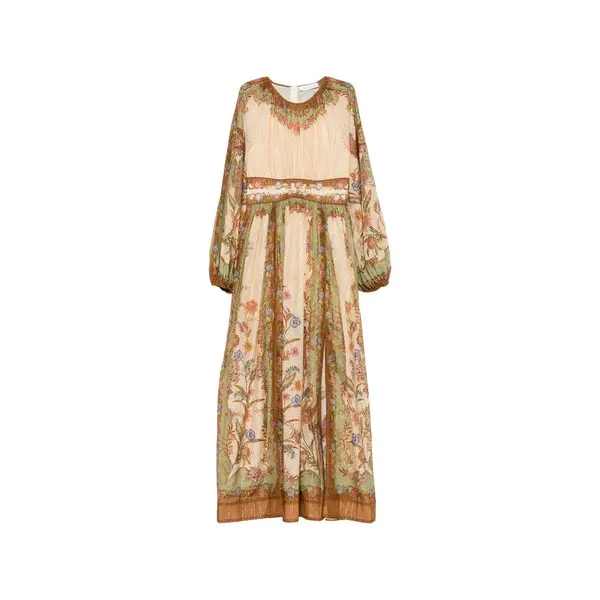Zimmermann Long Sleeve Printed Linen Dress - Cream
