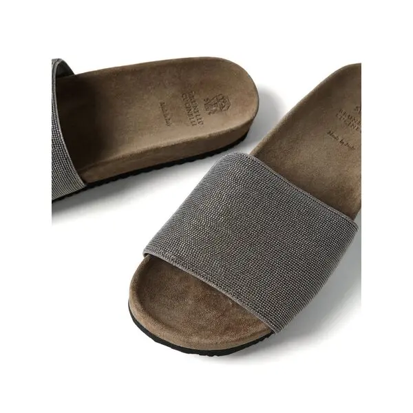 Brunello Cucinelli Tone Embellished Leather Slides - Silver