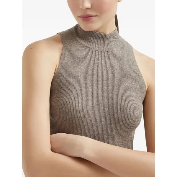 Brunello Cucinelli Sleeveless Mock Neck Ribbed Knit Top