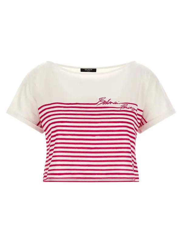 Balmain Marinière Cropped Cotton T-shirt - Pink