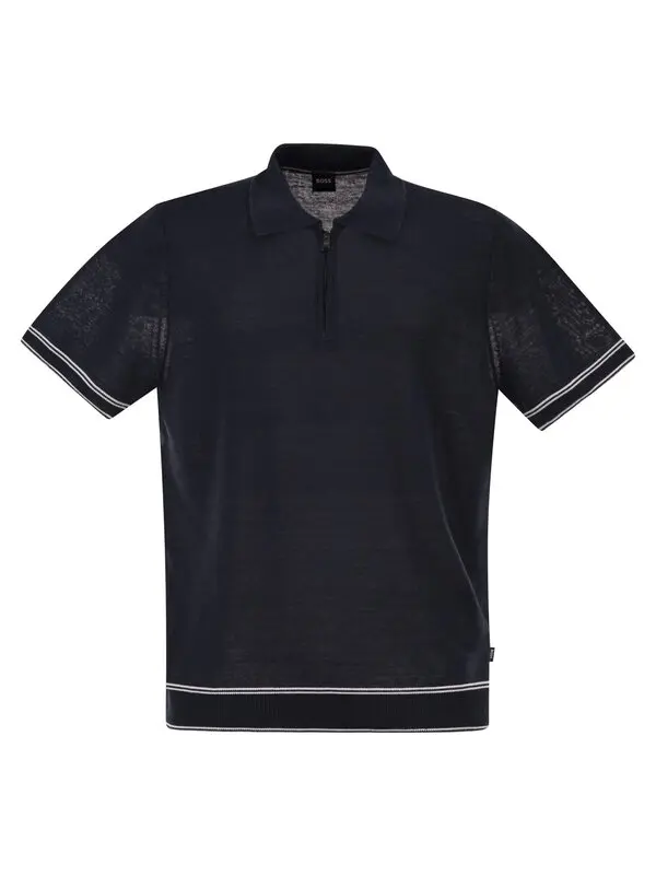 BOSS Linen And Viscose Polo Shirt With Zip And Contrast Trims - Blue