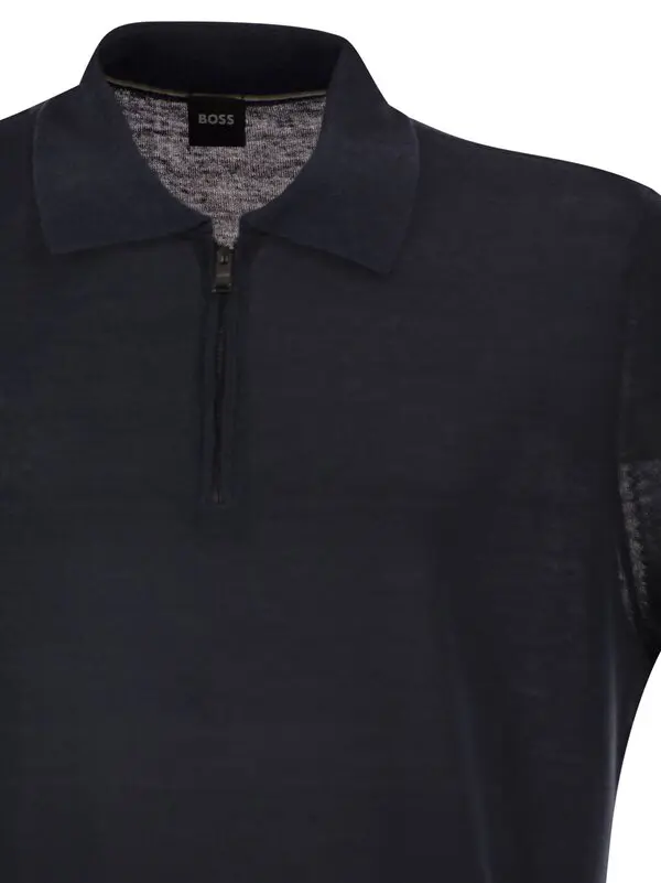 BOSS Linen And Viscose Polo Shirt With Zip And Contrast Trims - Blue