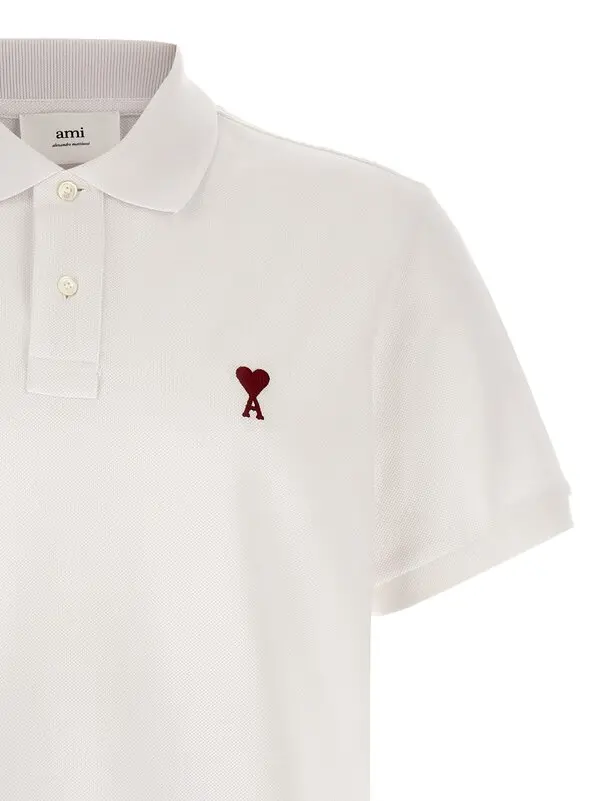 AMI Paris De Coeur' Embroidered Piqué Cotton Polo Shirt - White