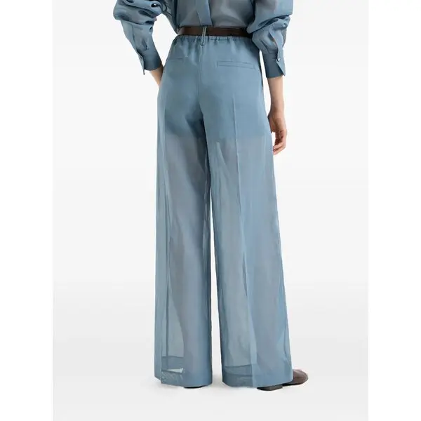 Brunello Cucinelli Palazzo Pants In Cotton Organza With Monili Embroidery - Blue