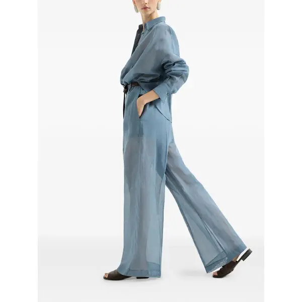 Brunello Cucinelli Palazzo Pants In Cotton Organza With Monili Embroidery - Blue