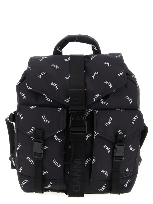 GANNI Re-tech Backpack With All-over Logo Print - Black