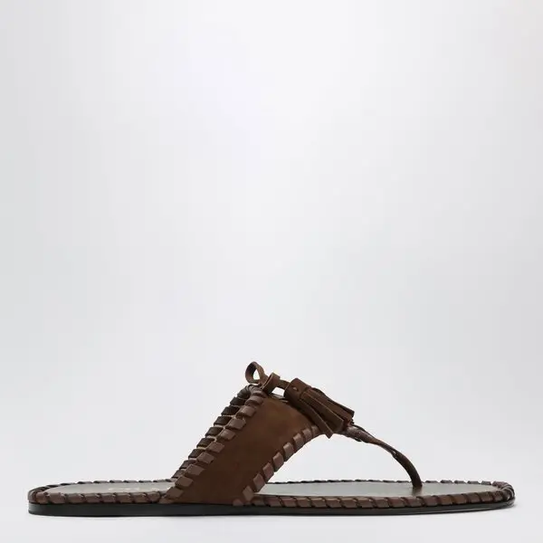 Prada Suede And Nappa Leather Flip Flops With Tassel Detail - Brown