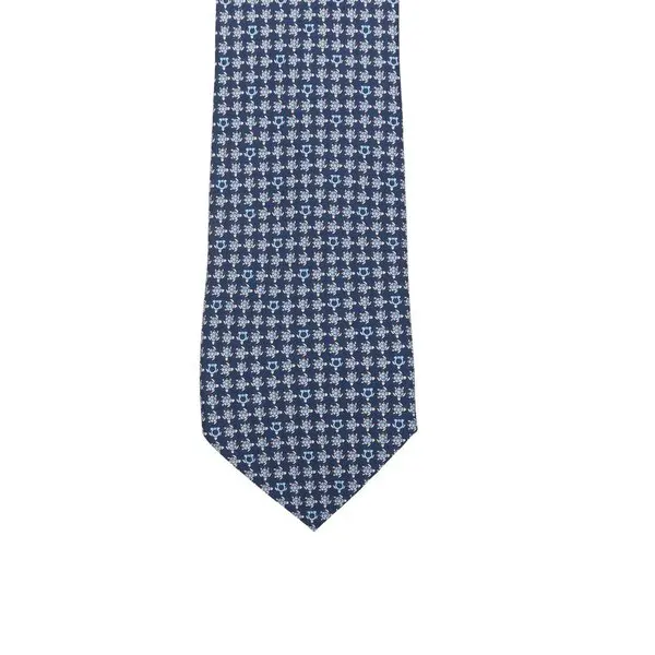 FERRAGAMO Silk Neck Tie With Gancini Print - Blue