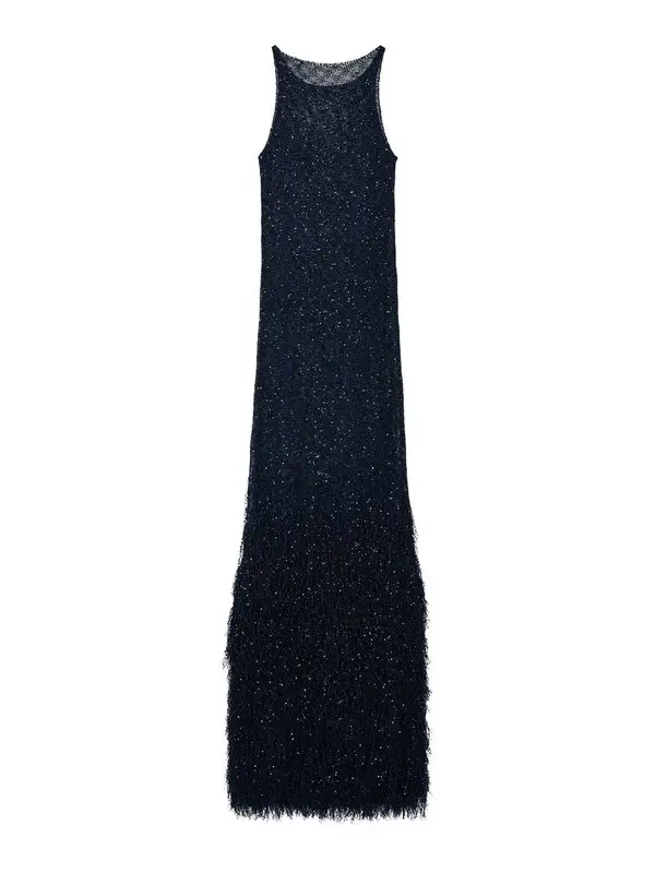 Giorgio Armani Long Sequined Knit Dress With Fringe - Blue