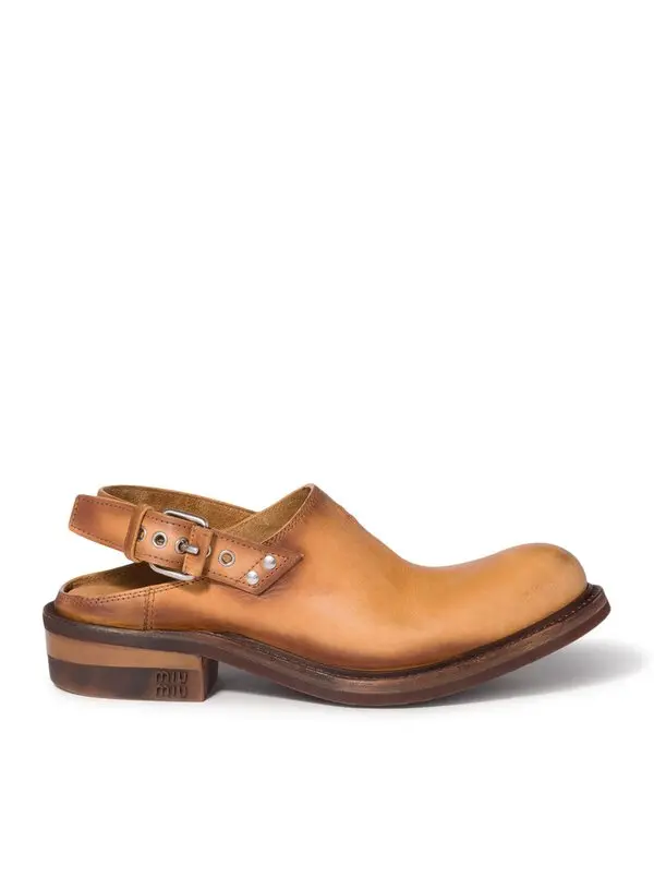 Miu Miu Embossed Calf Leather Sabot With Logo Detail - Tan