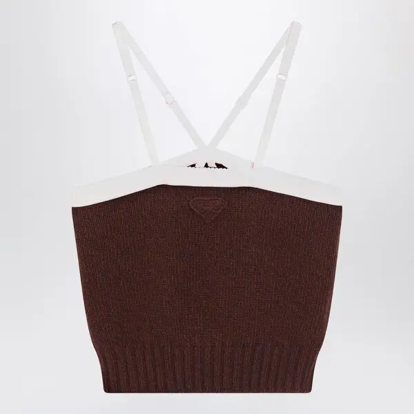 Prada Wool And Cashmere Knit Top With Logo Detail - Brown
