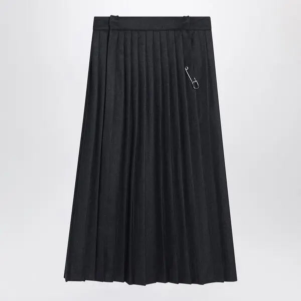 Prada Pleated Wool Skirt With Logo Pin - Gray