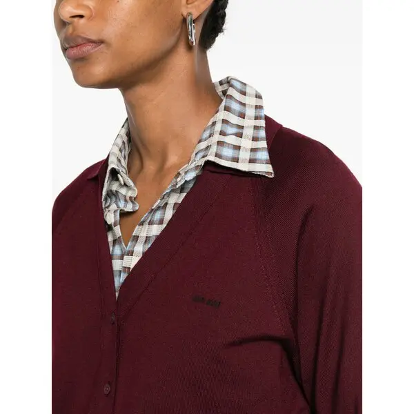 Miu Miu Burgundy Wool Logo Embroidery Cardigan