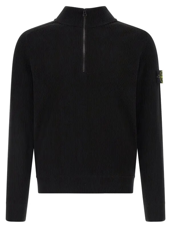 Stone Island Ribbed High Neck Quarter Zip Sweater - Black