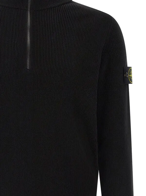 Stone Island Ribbed High Neck Quarter Zip Sweater - Black