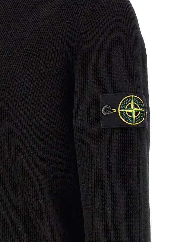 Stone Island Ribbed High Neck Quarter Zip Sweater - Black