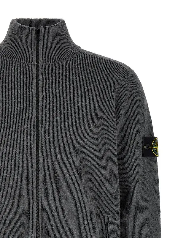 Stone Island Ribbed High Neck Zip-up Sweater - Gray