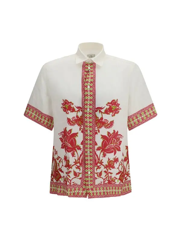 Etro Linen Shirt With Floral Print And Short Sleeves - Multicolor