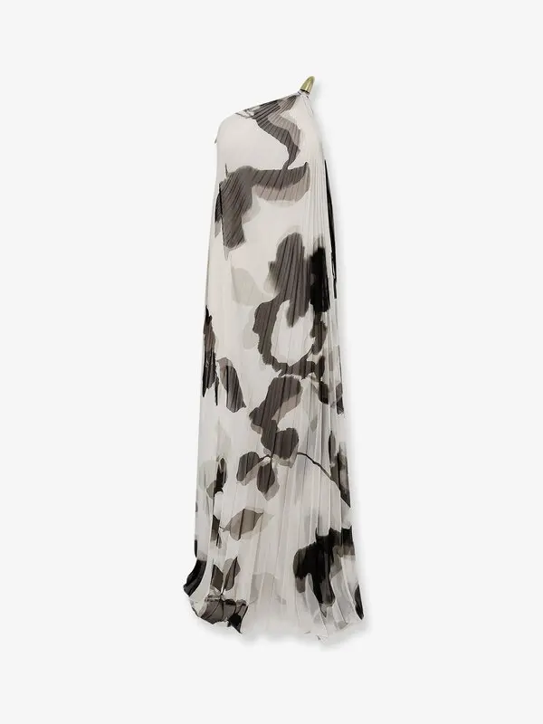 Max Mara One-shoulder Pleated Long Dress With Gold Metal Detail - Multicolor