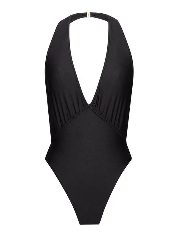 Saint Laurent Halter Neck One-piece Swimsuit With Cassandre Jewel Closure - Black