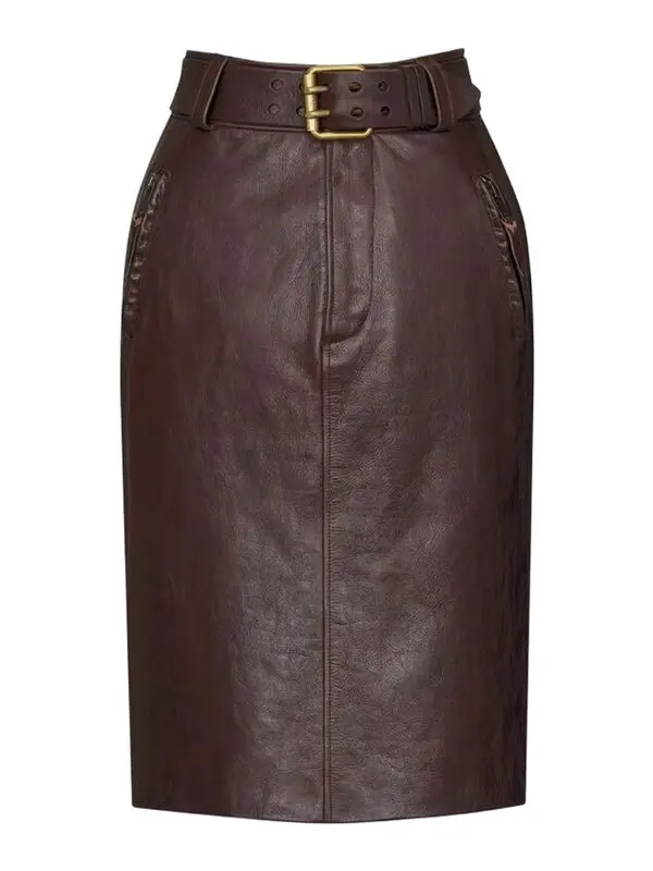 Saint Laurent Belted Pencil Skirt In Creased Leather - Red