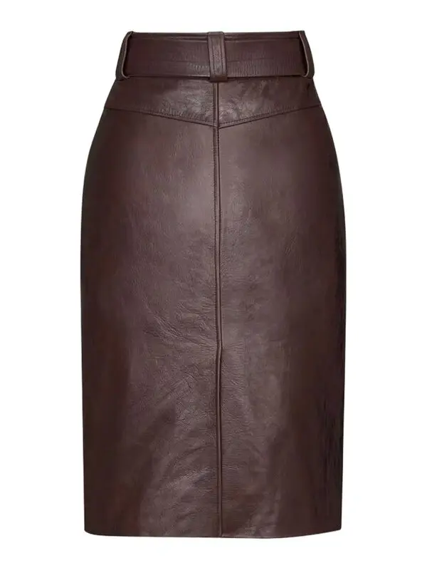 Saint Laurent Belted Pencil Skirt In Creased Leather - Red