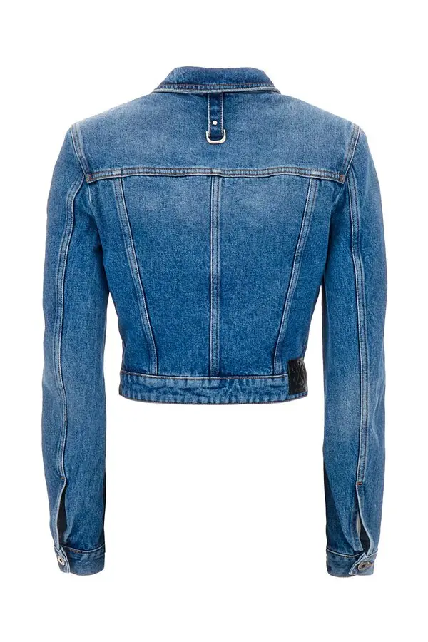 Off-White Cropped Denim Jacket With Silver Tone Embellishments
