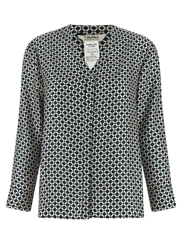 Max Mara S Mmvittoria' Printed Silk Twill V-neck Shirt - Blue