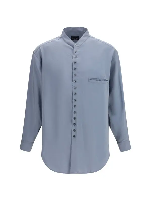 Giorgio Armani Washed Silk Shirt With Band Collar - Gray