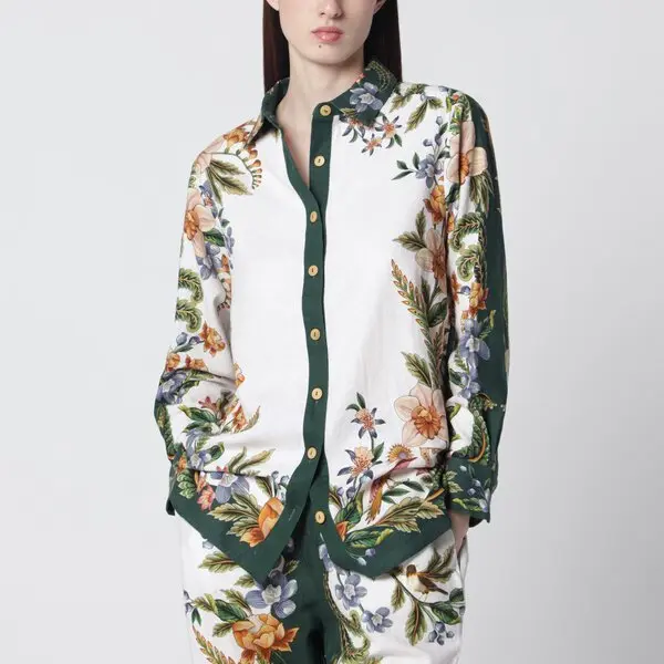 Farm Rio Linen Blend Floral Embroidered Shirt