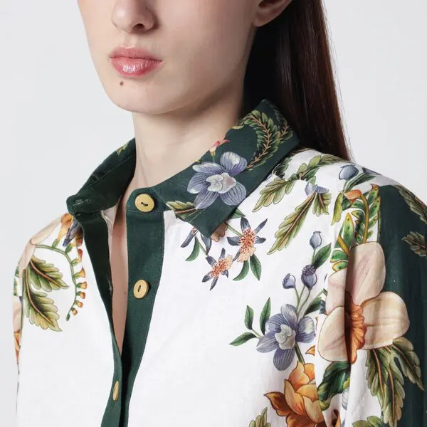 Farm Rio Linen Blend Floral Embroidered Shirt