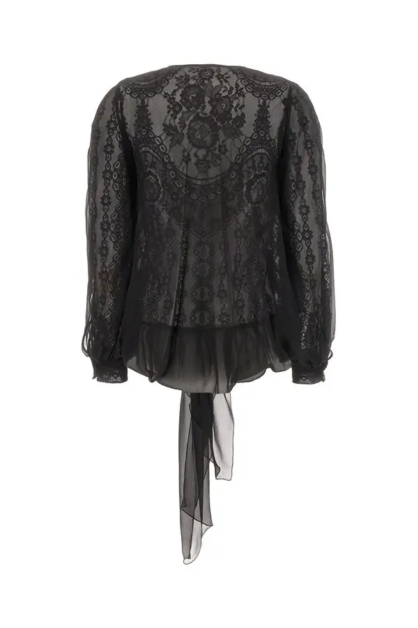 Alberta Ferretti Black Lace Blouse With Tie Detail