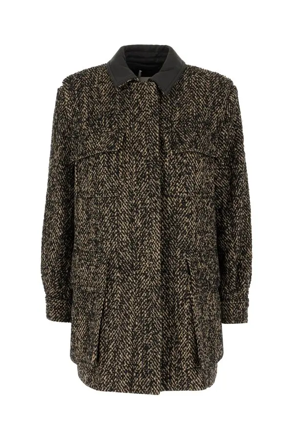 Max Mara Herringbone Tweed Jacket With Leather Collar