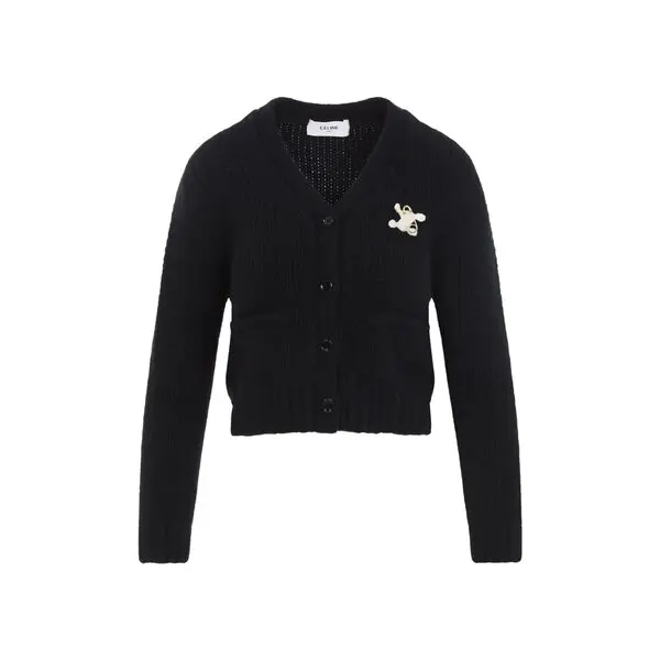 Celine Cashmere And Silk Cardigan With Detachable Logo Detail - Black