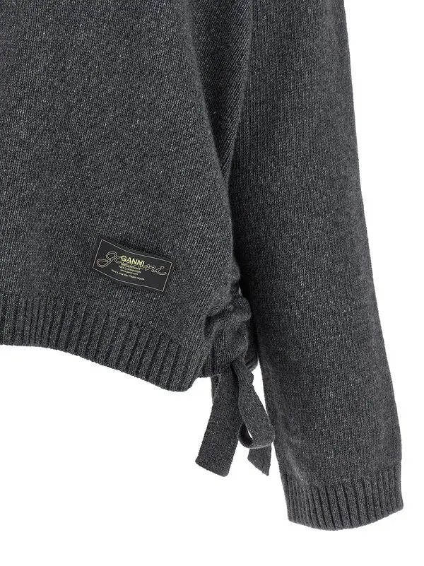 GANNI Side Lace Detail Wool Blend Crew Neck Sweater - Gray