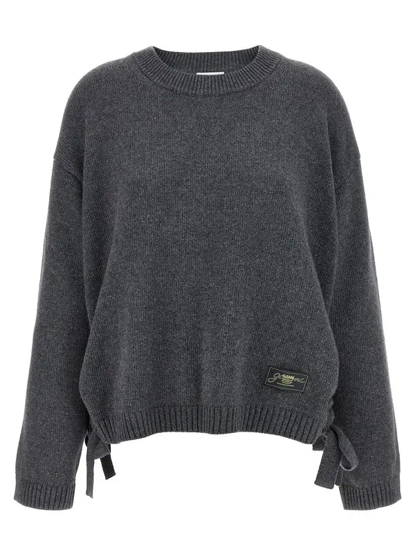 GANNI Side Lace Detail Wool Blend Crew Neck Sweater - Gray