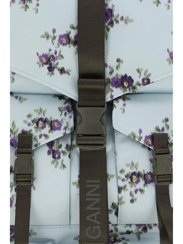 GANNI Re-tech Nylon Backpack With Floral Pattern - Blue