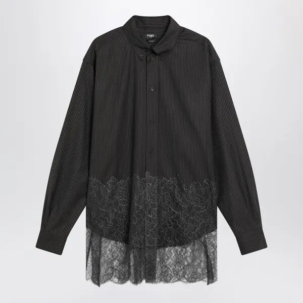 Fendi Espresso Pinstriped Wool Shirt With Lace