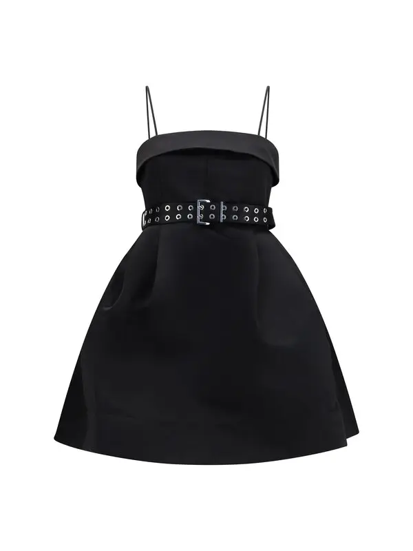 GANNI Short Satin Dress With Full Skirt And Belted Waist - Black