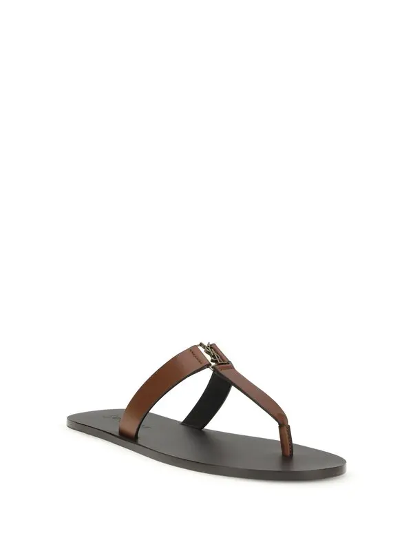 Saint Laurent Leather Thong Sandals With Monogram Detail - Brown