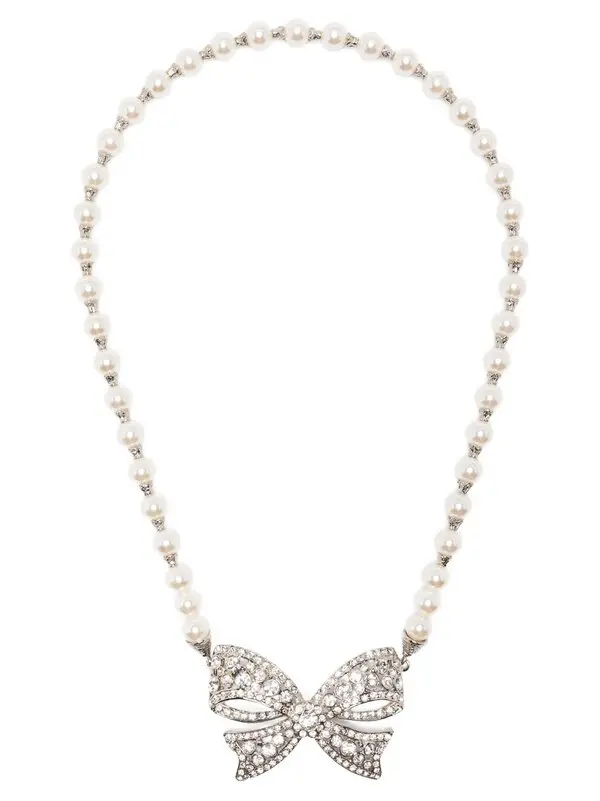 Alessandra Rich Pearl And Crystal Bow Necklace - White