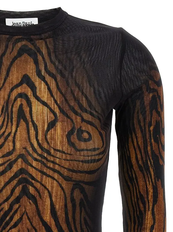 JEAN PAUL GAULTIER Wood" Print Stretch Tulle Long Sleeve Top - Multicolor