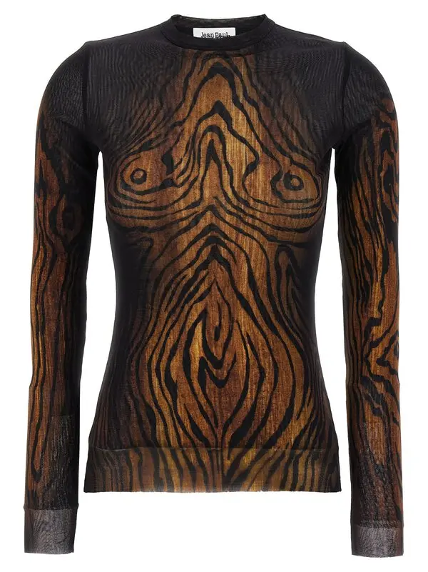 JEAN PAUL GAULTIER Wood" Print Stretch Tulle Long Sleeve Top - Multicolor